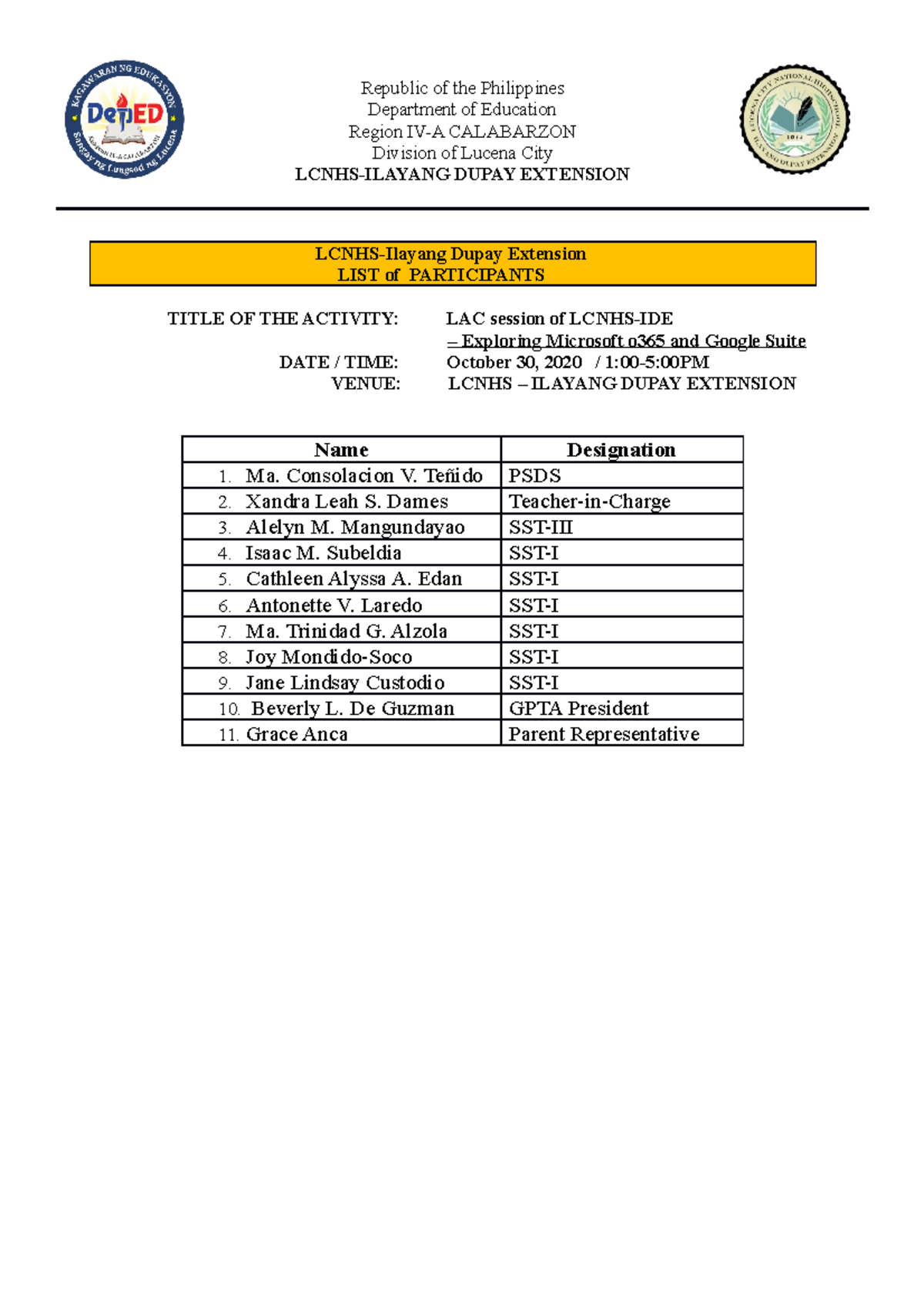 Matrix lac oct 2020 - none - Department of Education Region IV-A ...