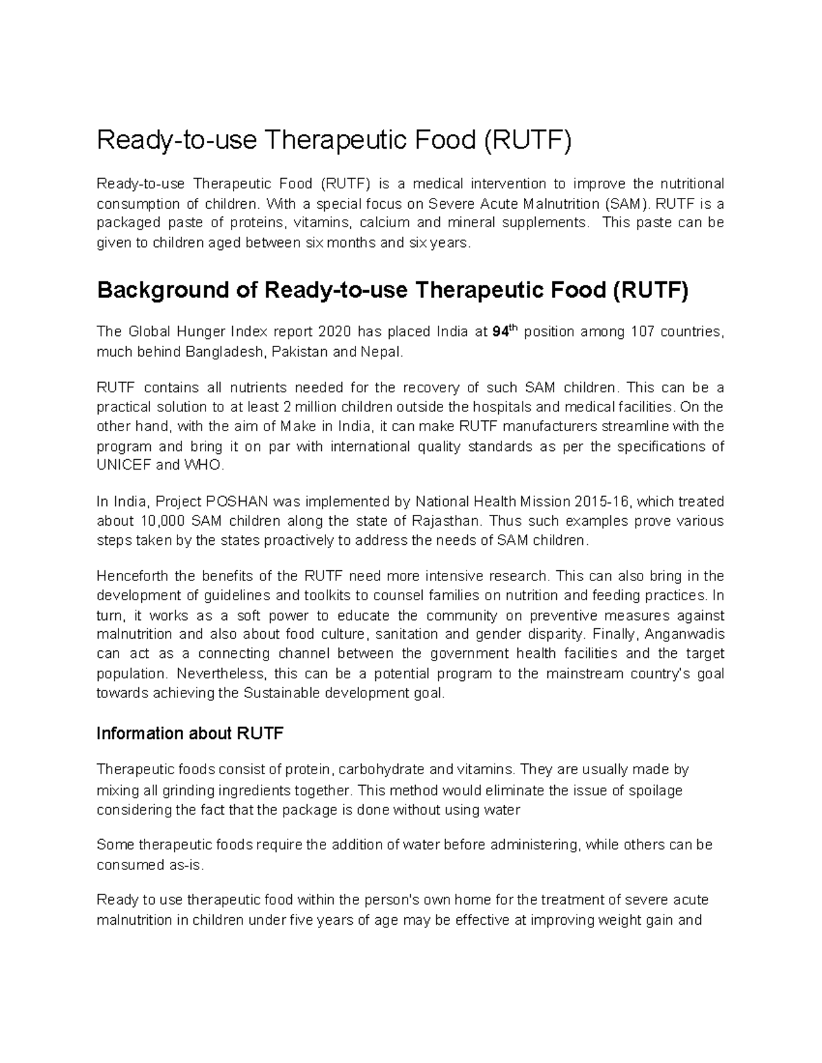 Ready to use Therapeutic Food RUTF - Ready-to-use Therapeutic Food ...