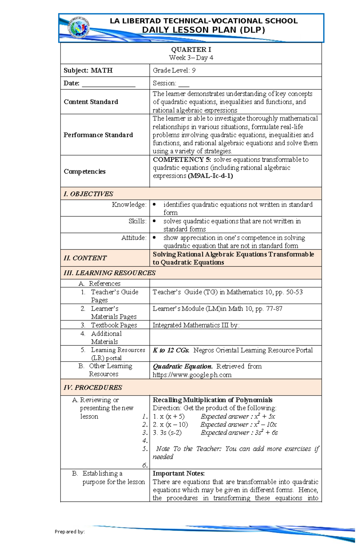 DLL MATH9 C5 Q1 - view it - DAILY LESSON PLAN (DLP) QUARTER I Week 3 ...