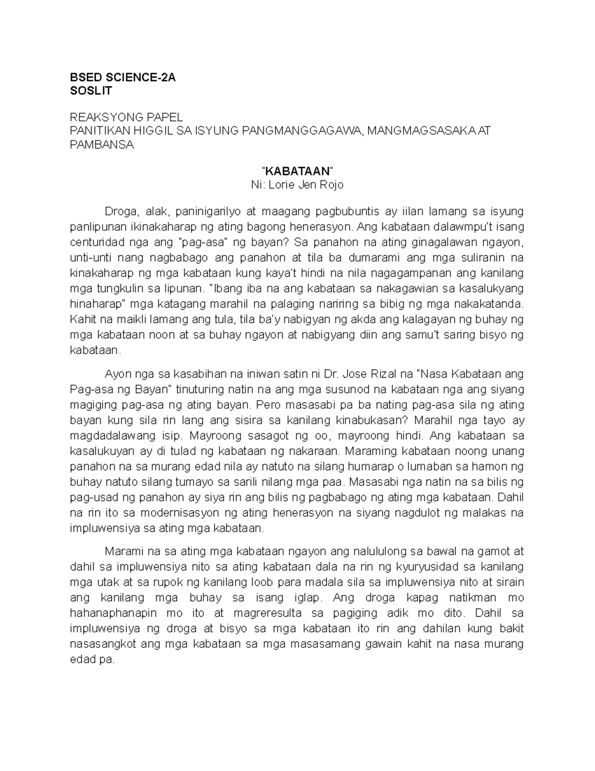 Reaksiyon Paper - BSED SCIENCE-2A SOSLIT REAKSYONG PAPEL PANITIKAN ...