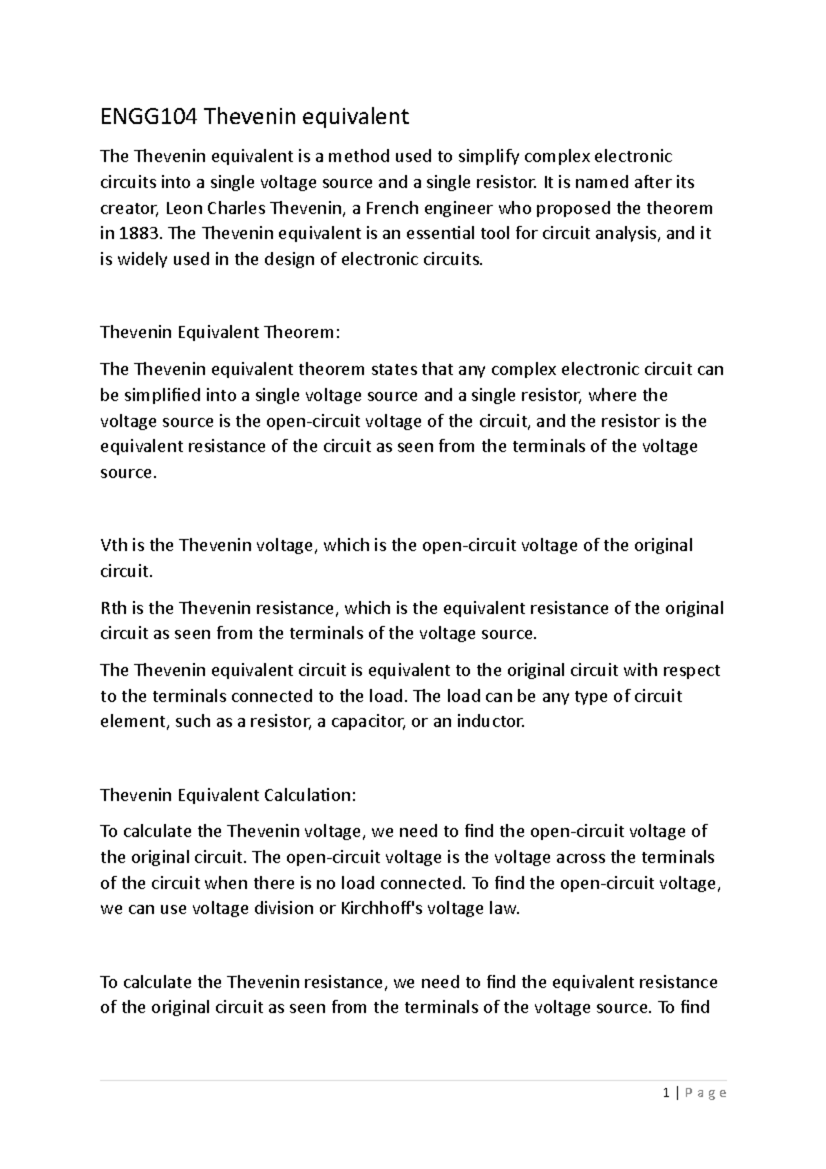ENGG104 Thevenin equivalent - It is named after its creator, Leon ...