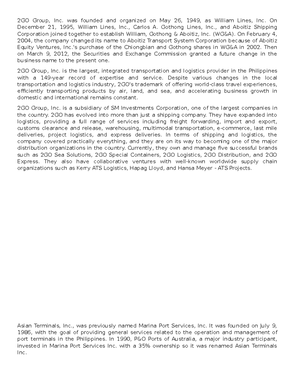 Background or History of 2GO and Asian Terminals - 2GO Group, Inc. was ...