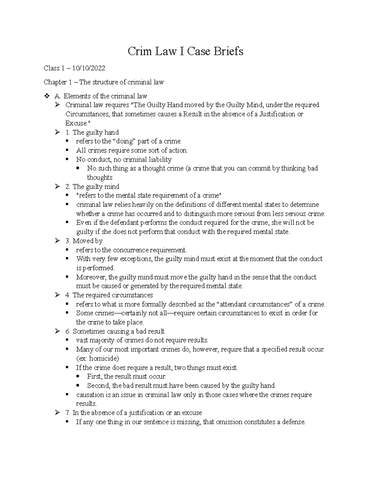 Crim Law I Case Briefs - Crim Law I Case Briefs Class 1 – 10/10 ...
