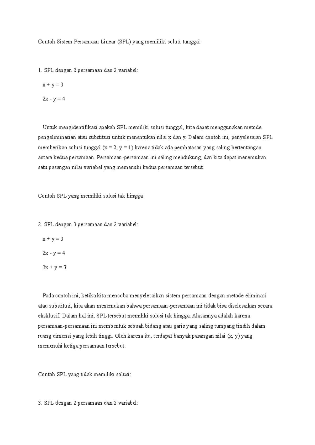 Jawaban Diskusi 3 - Contoh Sistem Persamaan Linear (SPL) yang memiliki ...