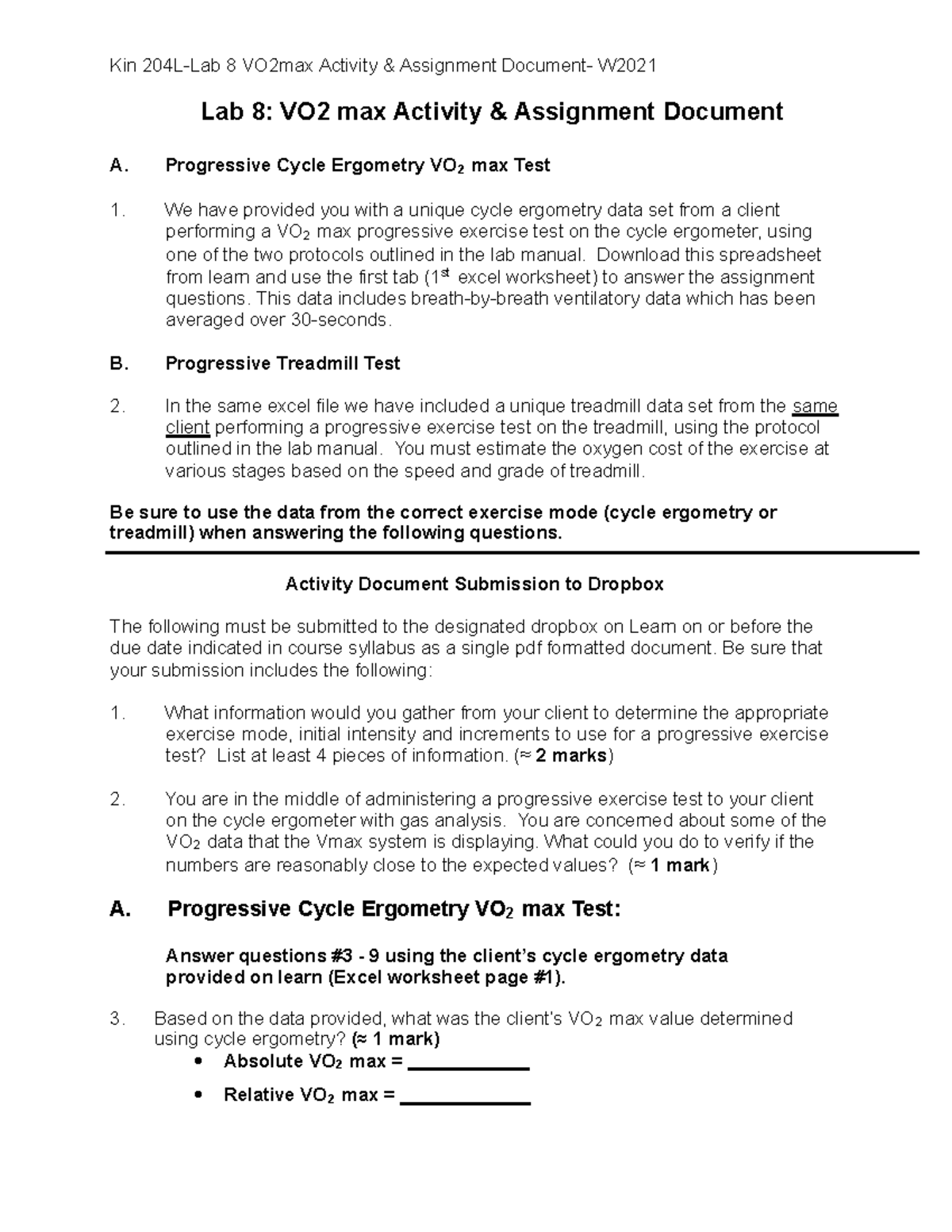 Lab 8 VO2 max - Activity - W2021 - Kin 204L-Lab 8 VO2max Activity ...