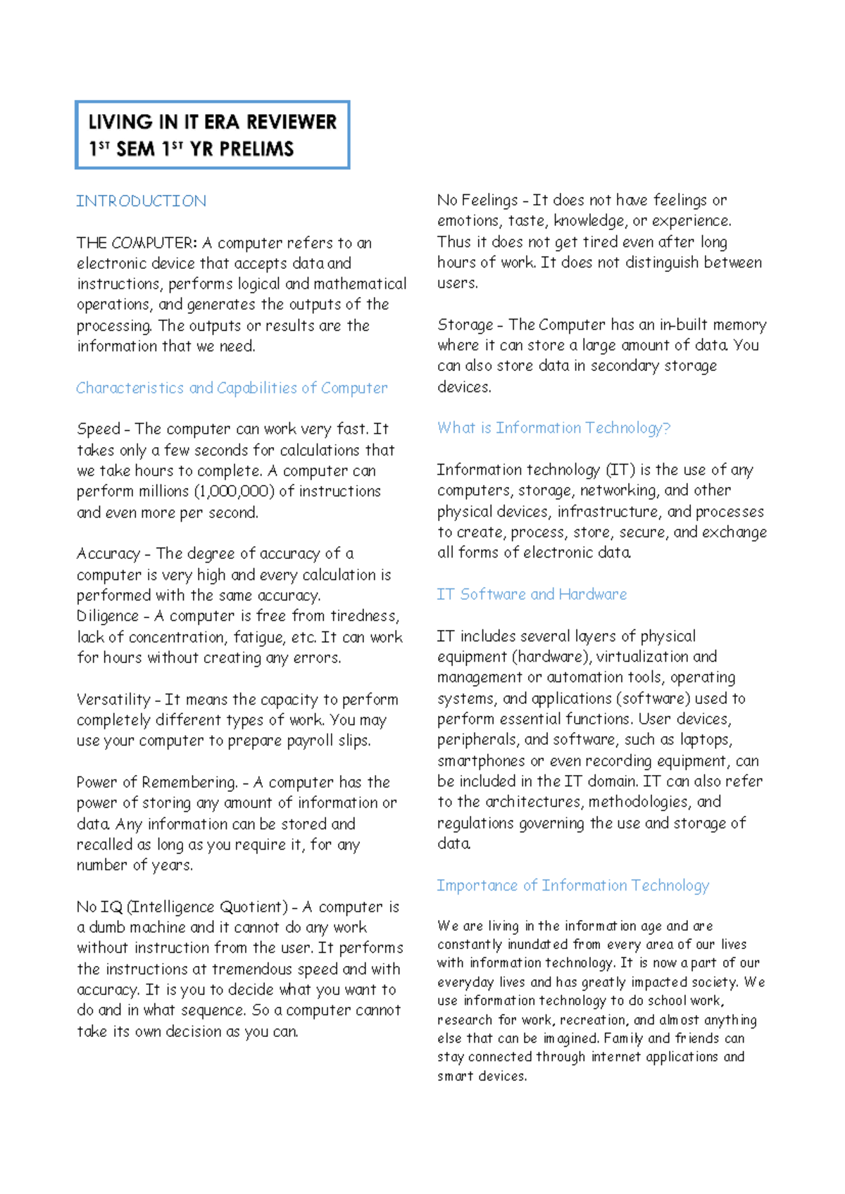 LITE Reviewer - INTRODUCTION THE COMPUTER: A computer refers to an electronic device that ...