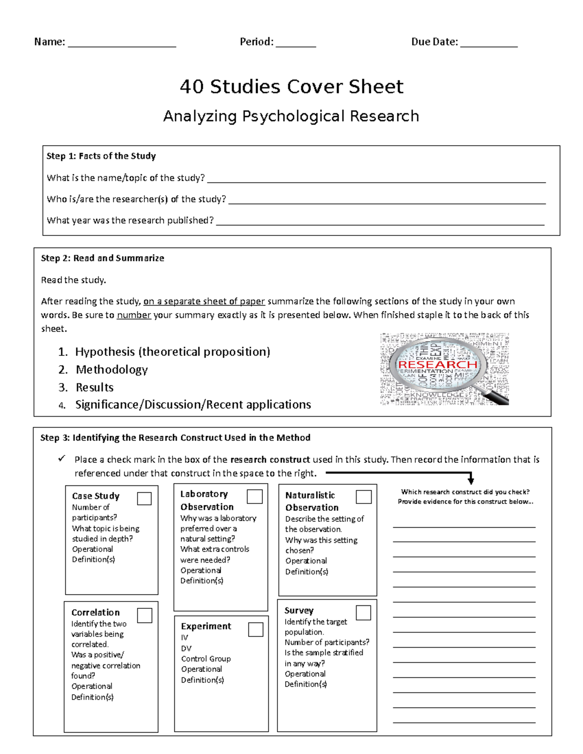 Analyzing Psychology Research (40 Studies Cover Sheet) - Name ...