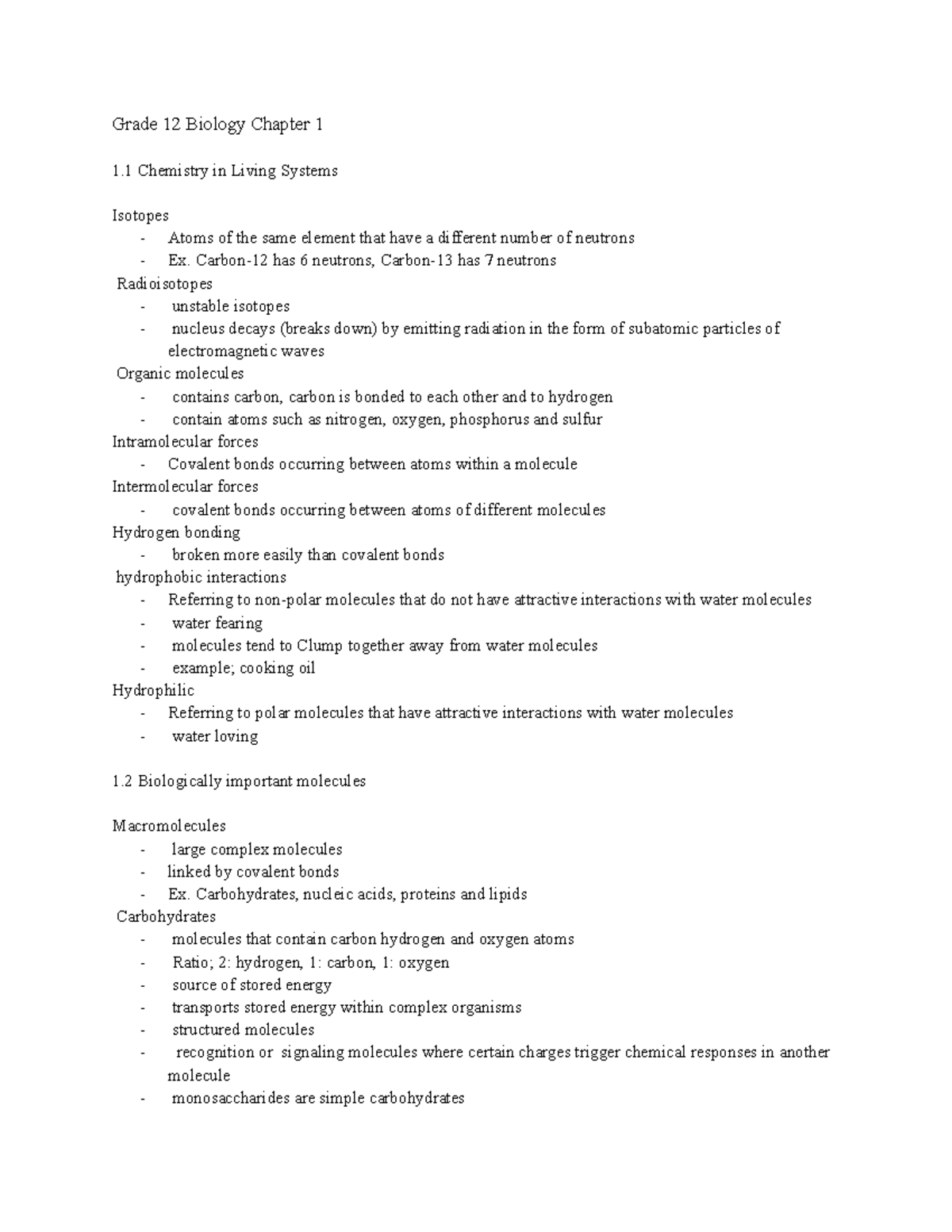 1 Chapter Biology grade 11 - Grade 12 Biology Chapter 1 1 Chemistry in ...