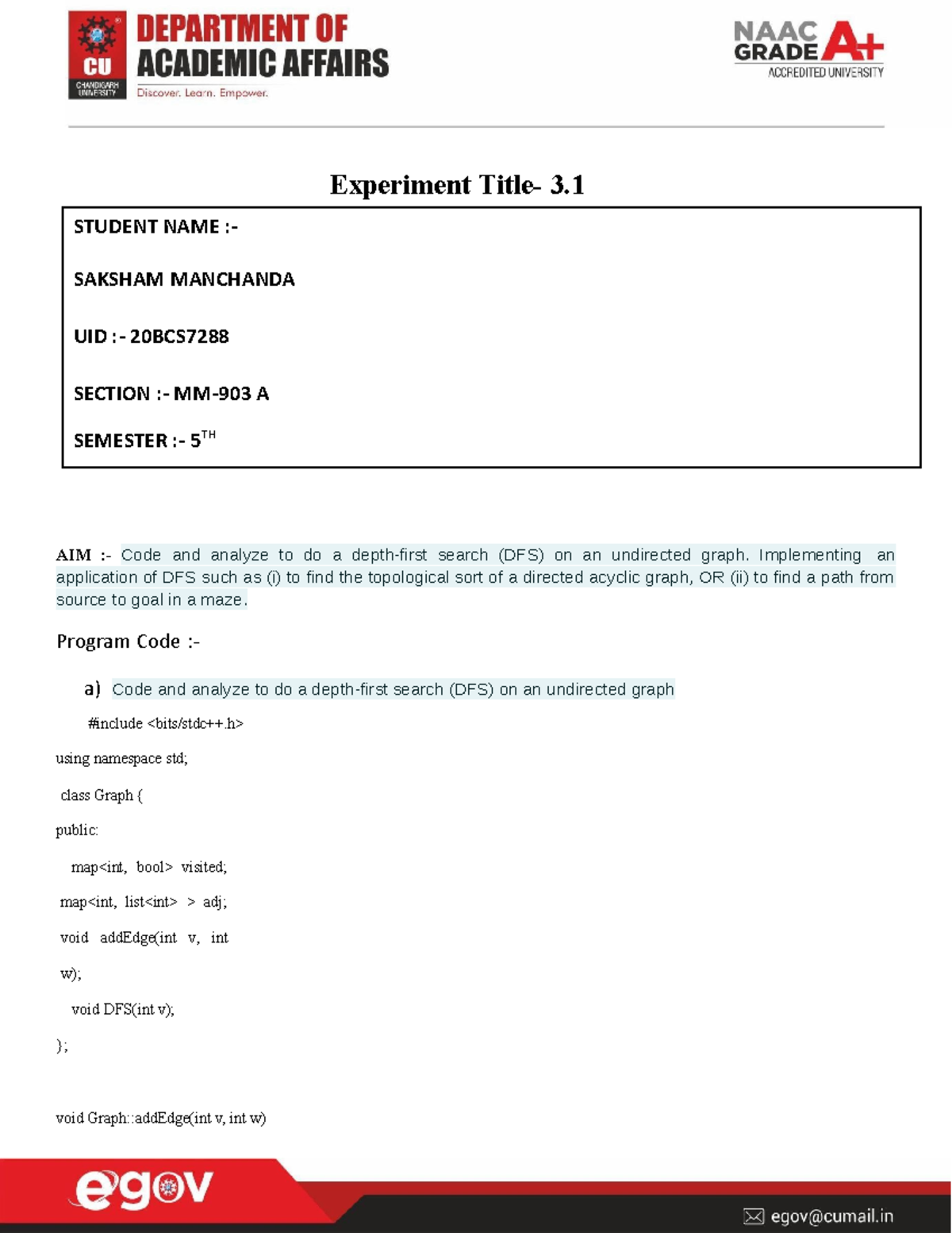 DAA WS 3 - worksheet - Experiment Title- 3. AIM :- Code and analyze to do a depth-first search ...