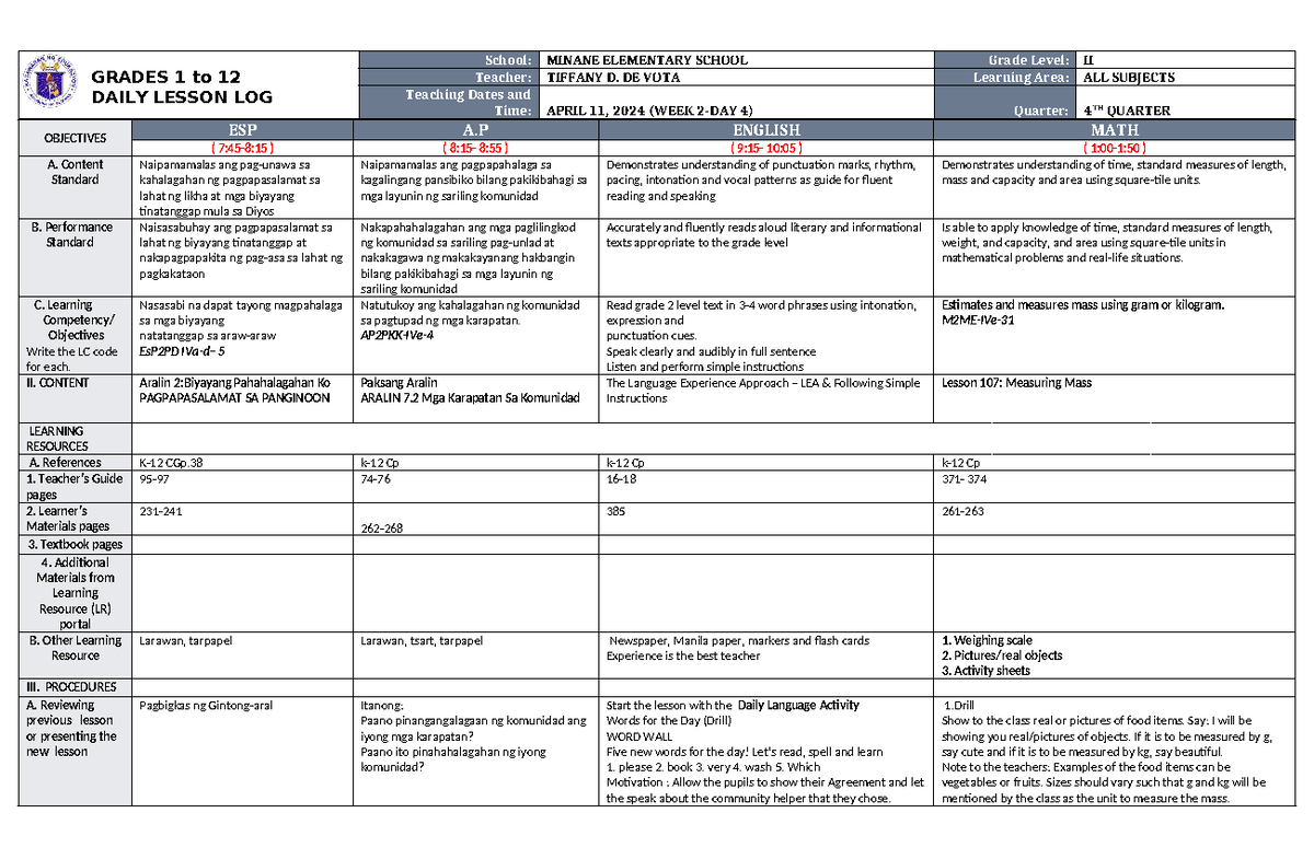 DLL ALL Subjects 2 Q4 W2 D4 - GRADES 1 to 12 DAILY LESSON LOG School: MINANE ELEMENTARY SCHOOL ...