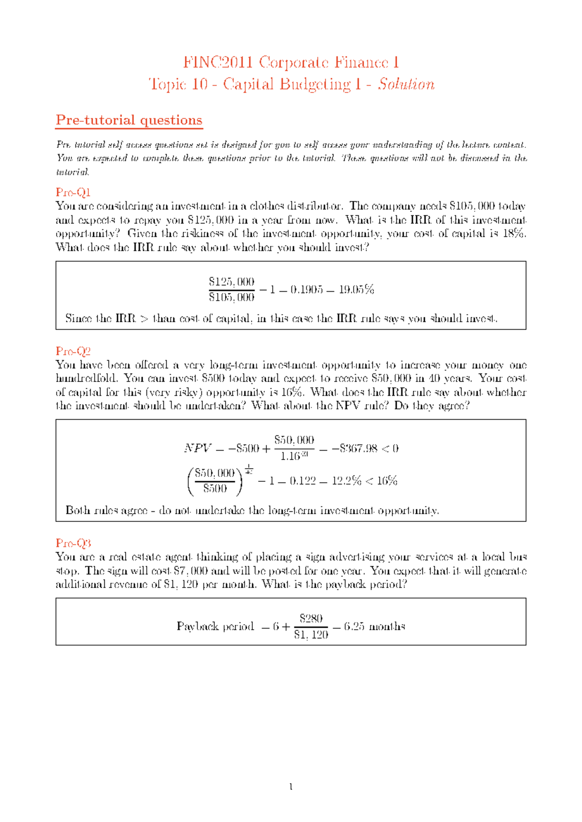Topic 10 Solutions - FINC 2011 Corporate Finance I Topic 10 - Capital ...