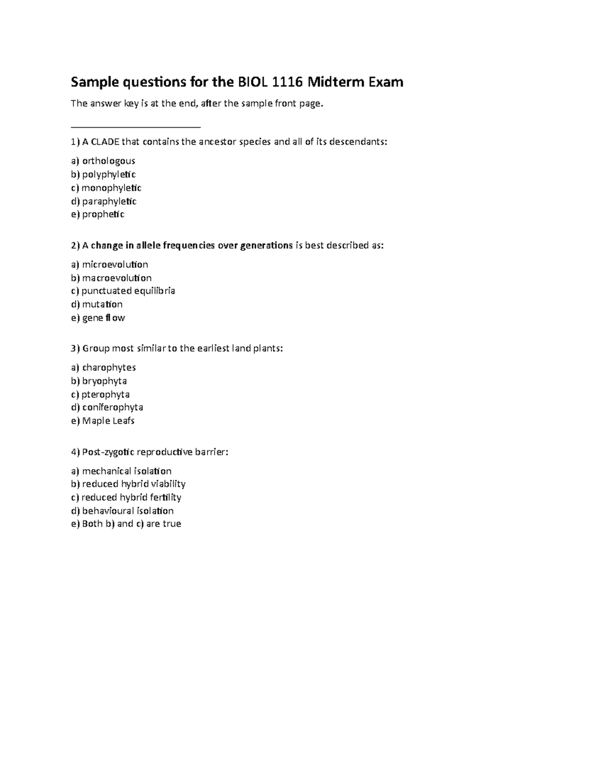 Sample midterm questions 2019 - Sample questions for the BIOL 1116 Midterm Exam The answer key ...