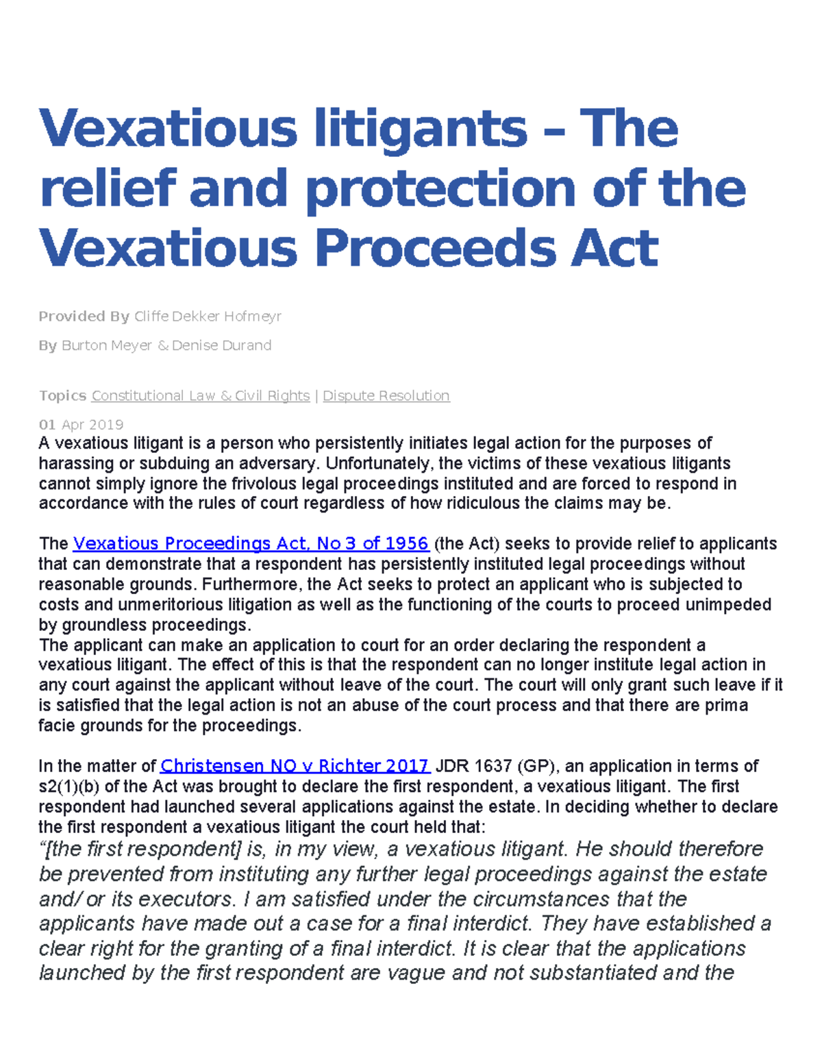 Vexatious litigants - Summary Delict - Vexatious litigants – The relief ...