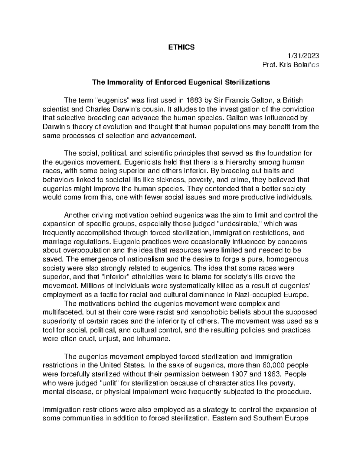 Immorality of Enforced Eugenics - ETHICS Miguel Nikko P. Delis 1/31 ...