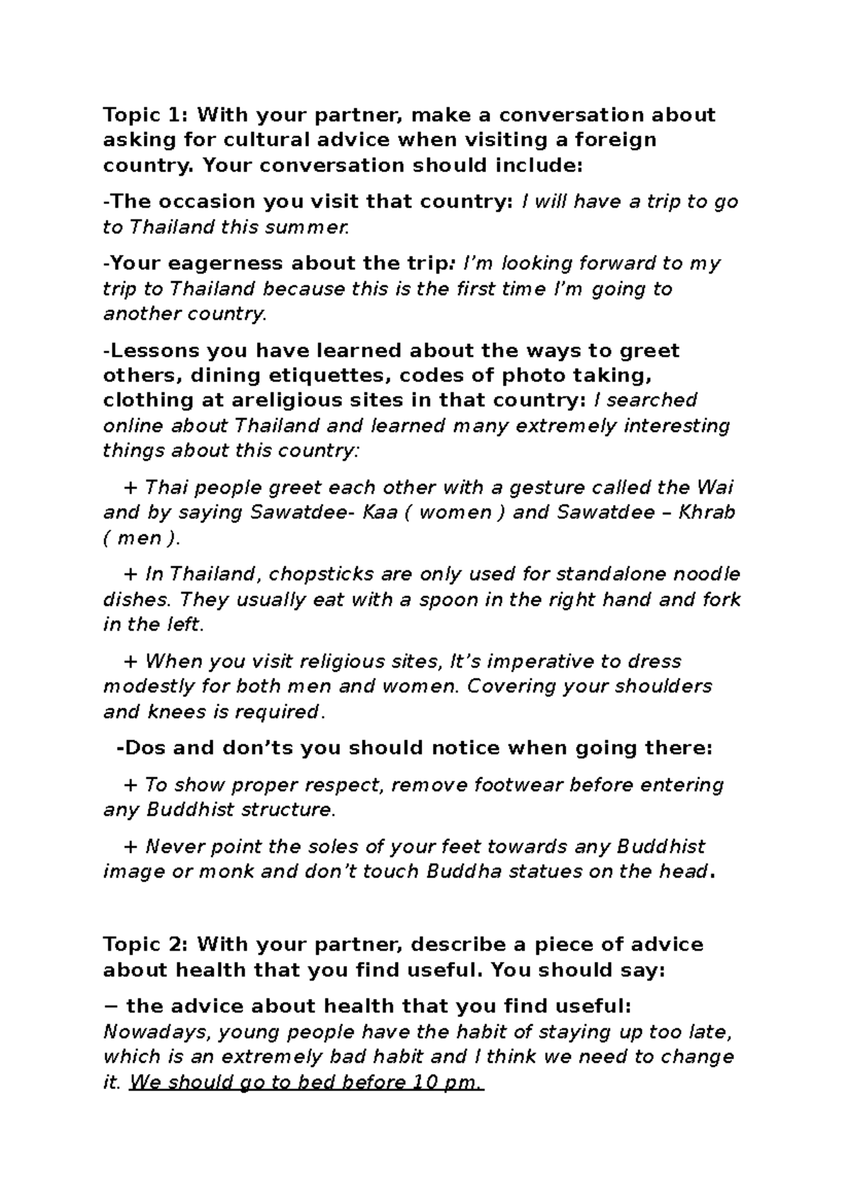 Speaking - Final Exam - Topic 1: With your partner, make a conversation ...