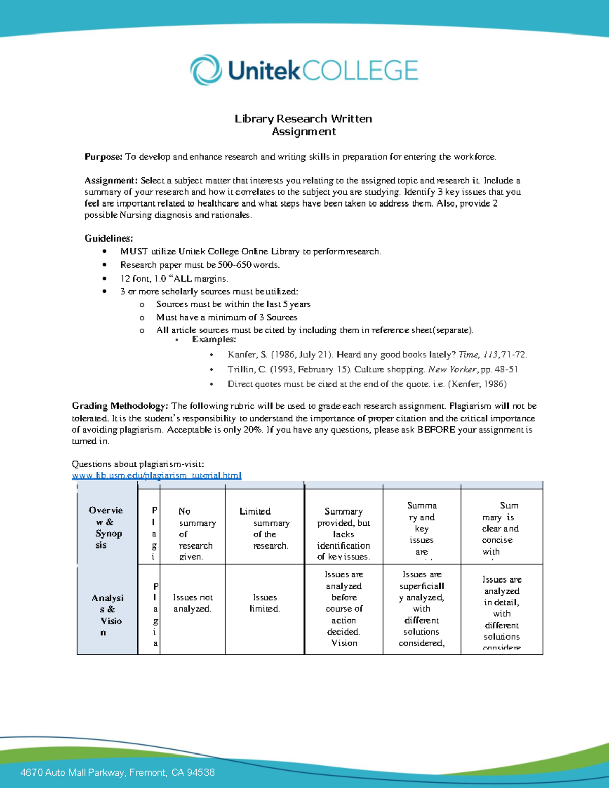 Written Assignment Rubric - 4670 Auto Mall Parkway, Fremont, CA 94538 ...