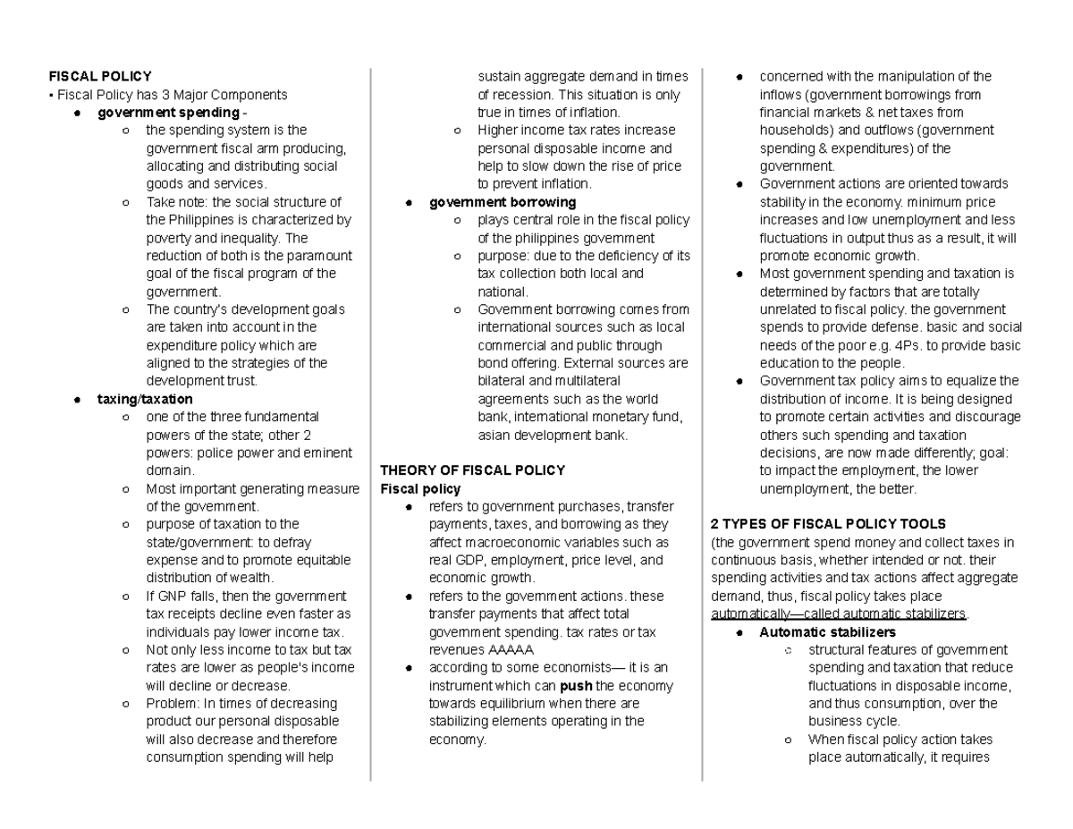 Fiscal and Trade Policy - FISCAL POLICY Fiscal Policy has 3 Major ...