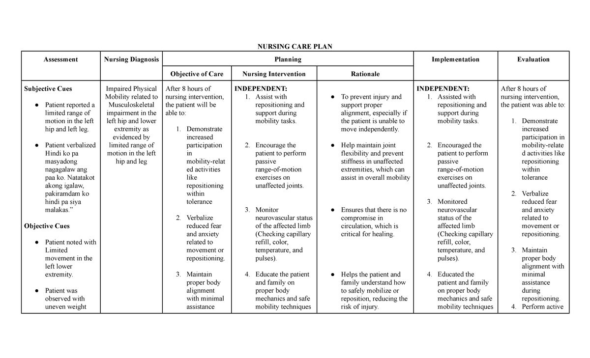 Ortho requirements - ncp and drug studies - NURSING CARE PLAN Assessment Nursing Diagnosis ...