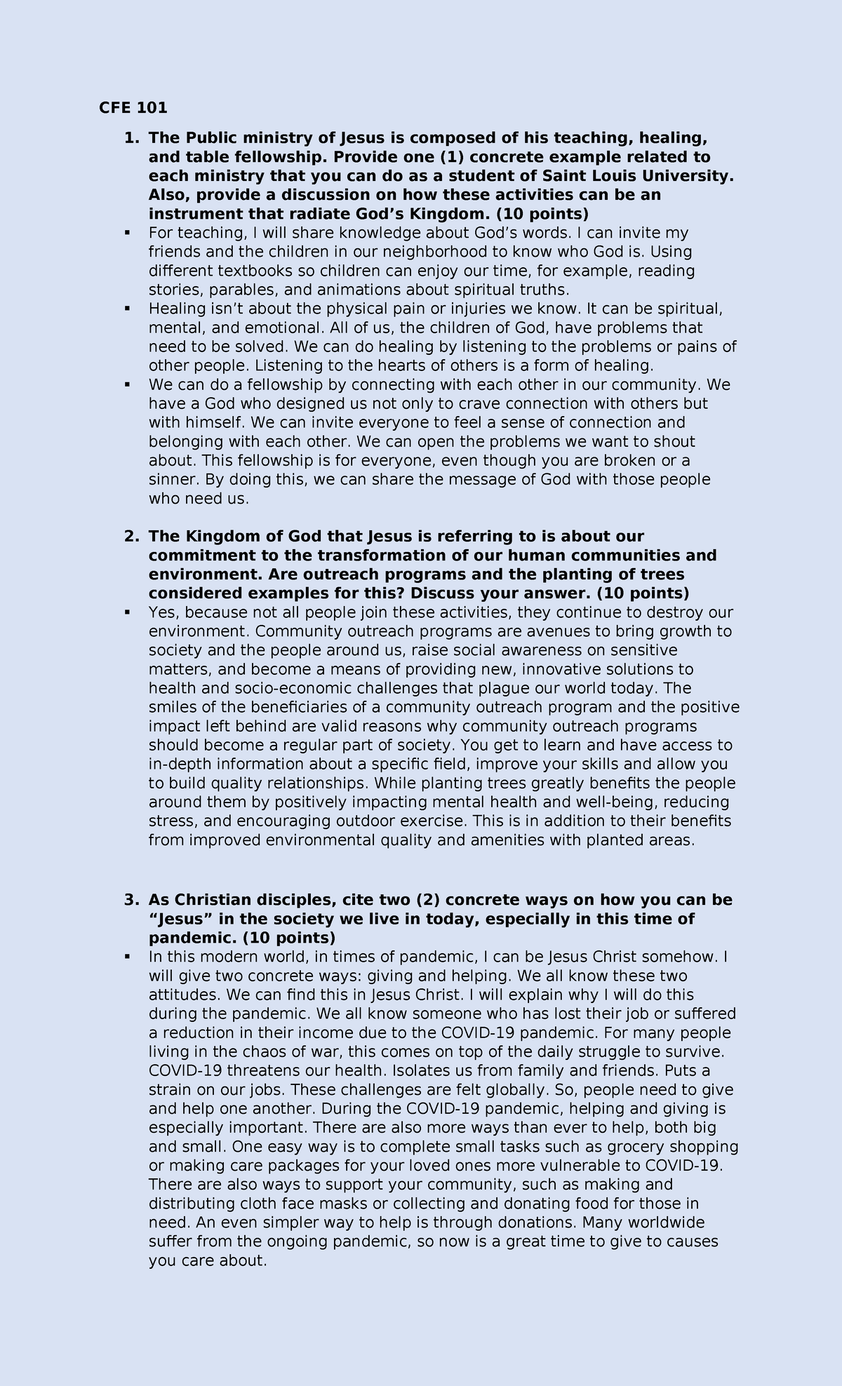 CFE Final Examination - CFE 101 The Public ministry of Jesus is ...