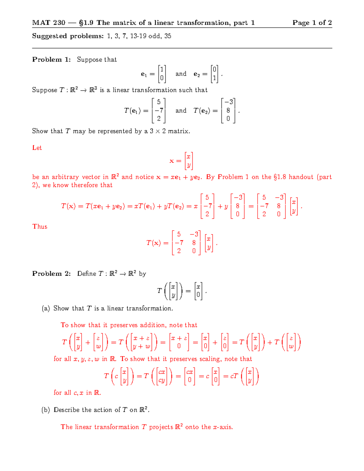 10-03 1.9 The matrix of a linear transformation, part 1, Solutions ...