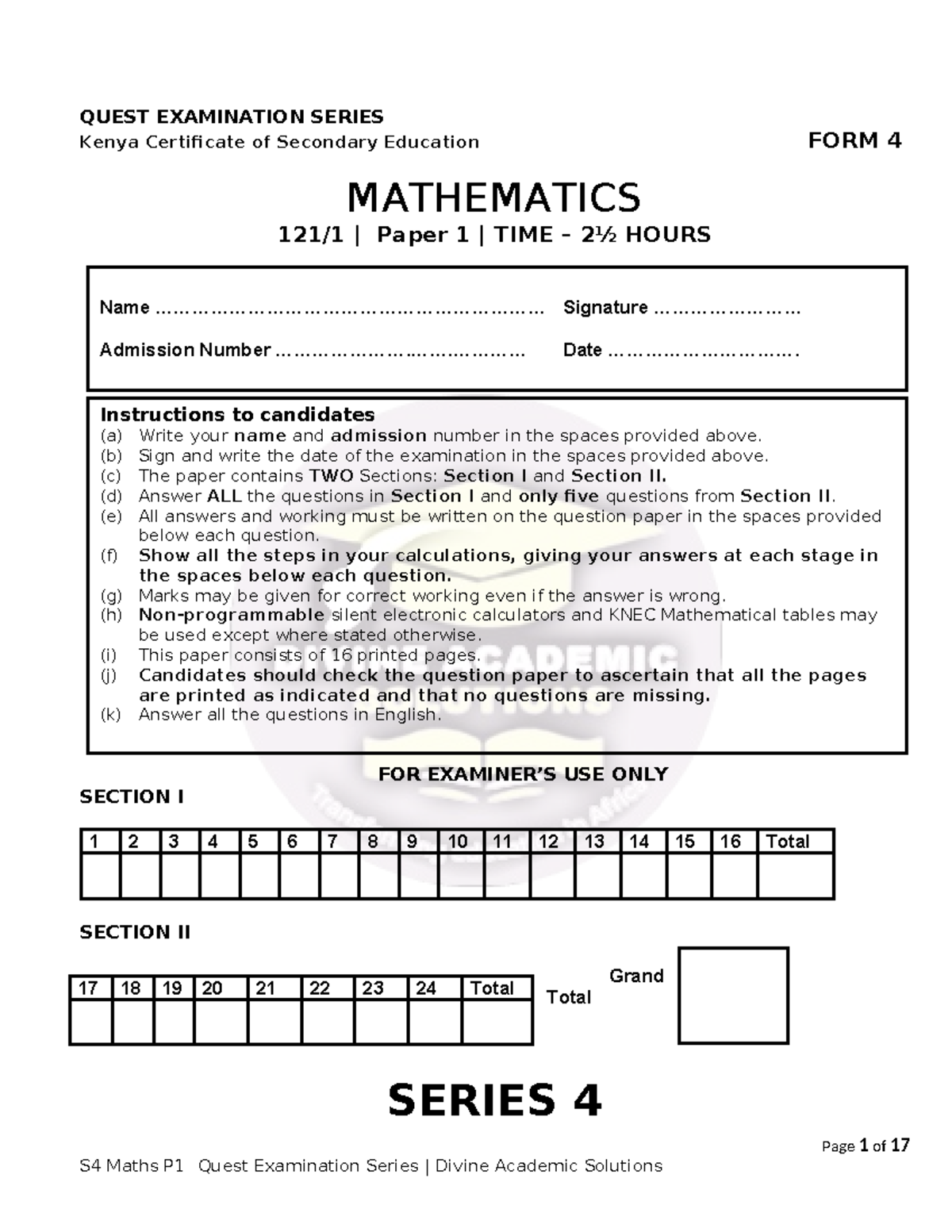 F4 Math P1 Qn - Maths paper 1 and 2 - QUEST EXAMINATION SERIES Kenya ...