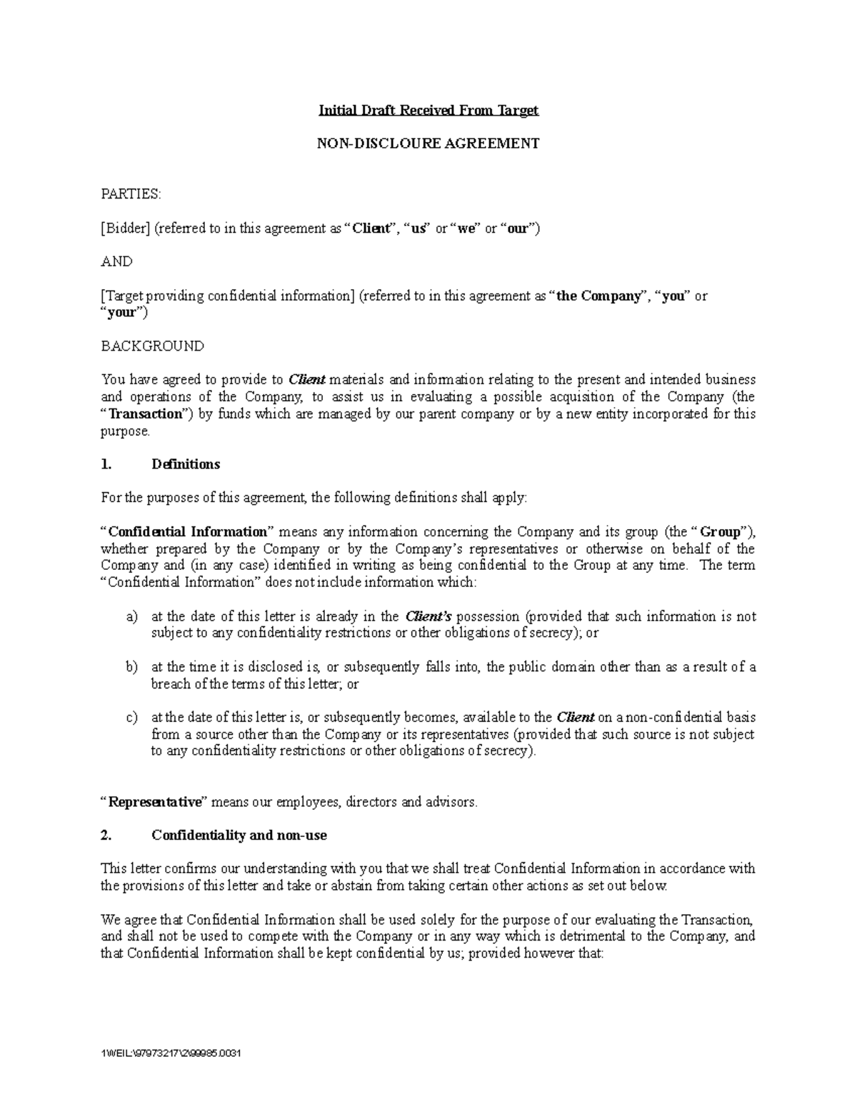 Resource - NDA Draft (recieved from target) - Studocu