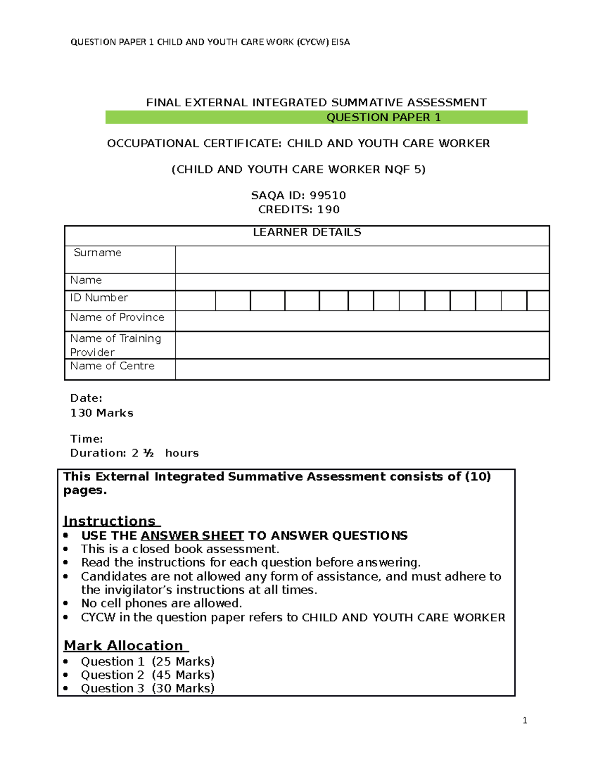 Question Paper 1 Child AND Youth CARE WORK (CYCW) EISA - 05 - FINAL ...