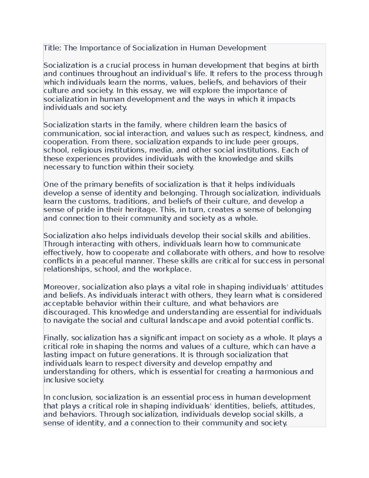 The Importance of Socialization in Human Development - Title: The ...