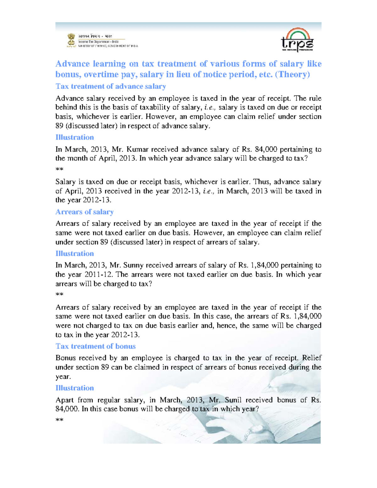 Salary Theory - It's income tax notes for reference - Advance learning ...