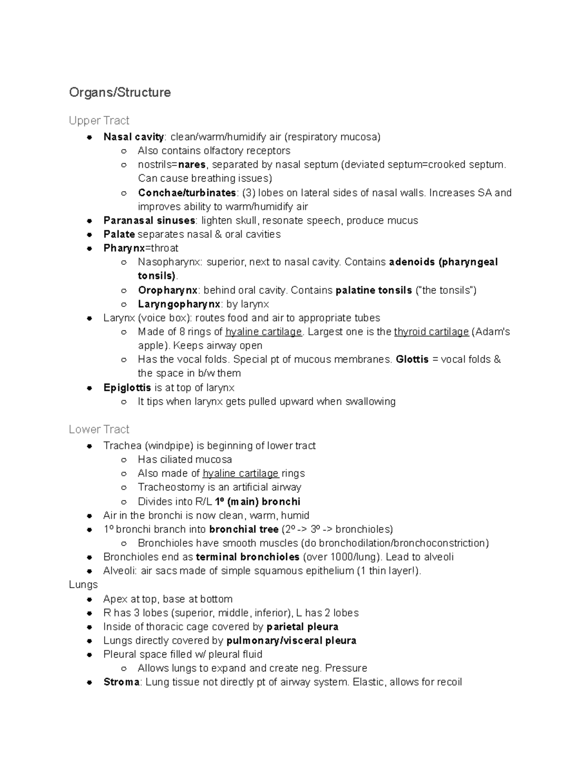 Module 9 Resp - Respiratory system notes (typed) - Organs/Structure ...