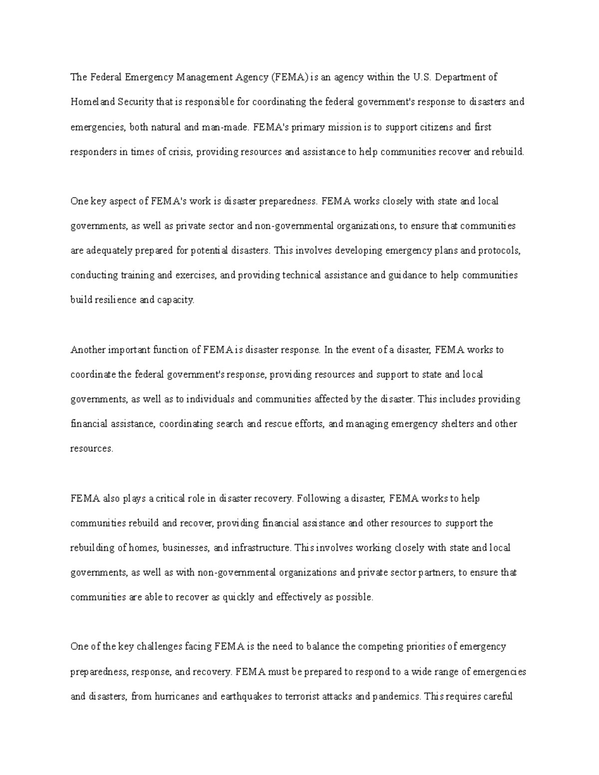 Notes on Federal Emergency Management Agency Analysis - The Federal ...