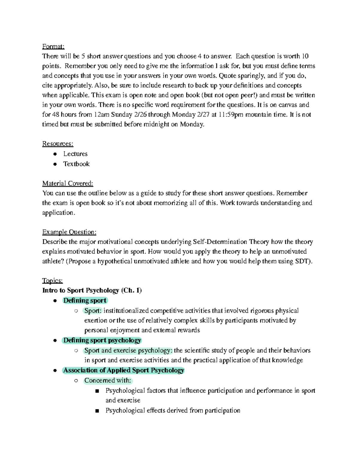 Sports Psych Exam 1 Study Guide - Format: There will be 5 short answer ...