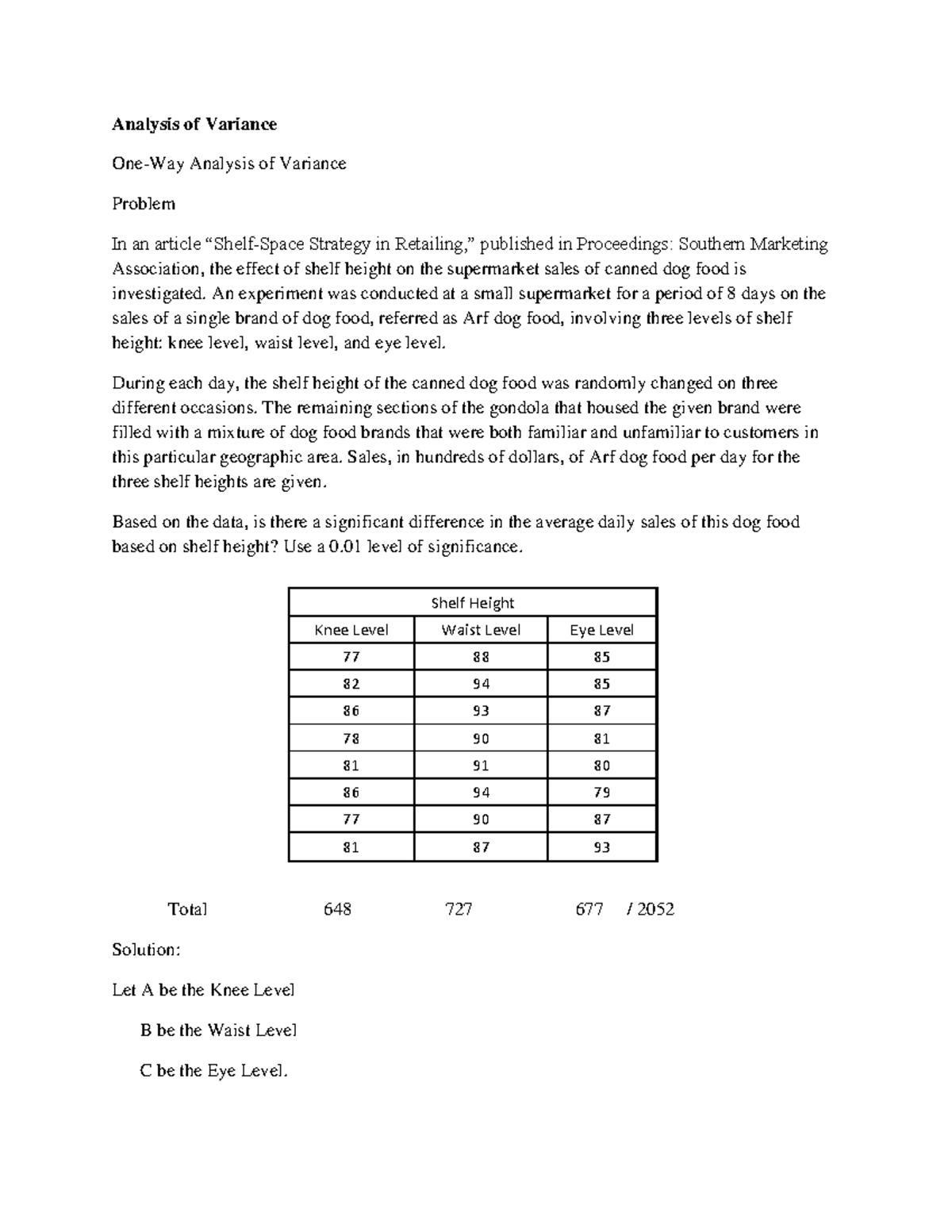 Analysis of Variance - Analysis of Variance One-Way Analysis of ...