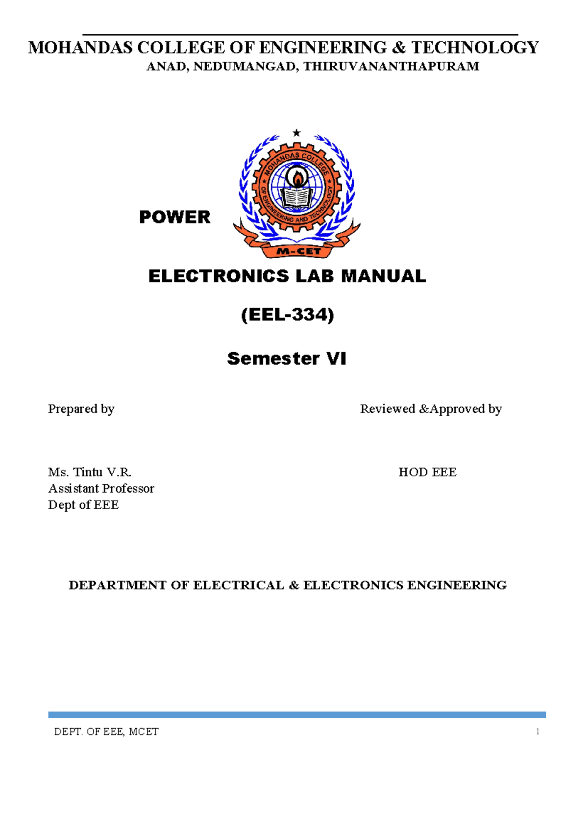 Pe lab manual - MOHANDAS COLLEGE OF ENGINEERING & TECHNOLOGY ANAD, NEDUMANGAD, - Studocu