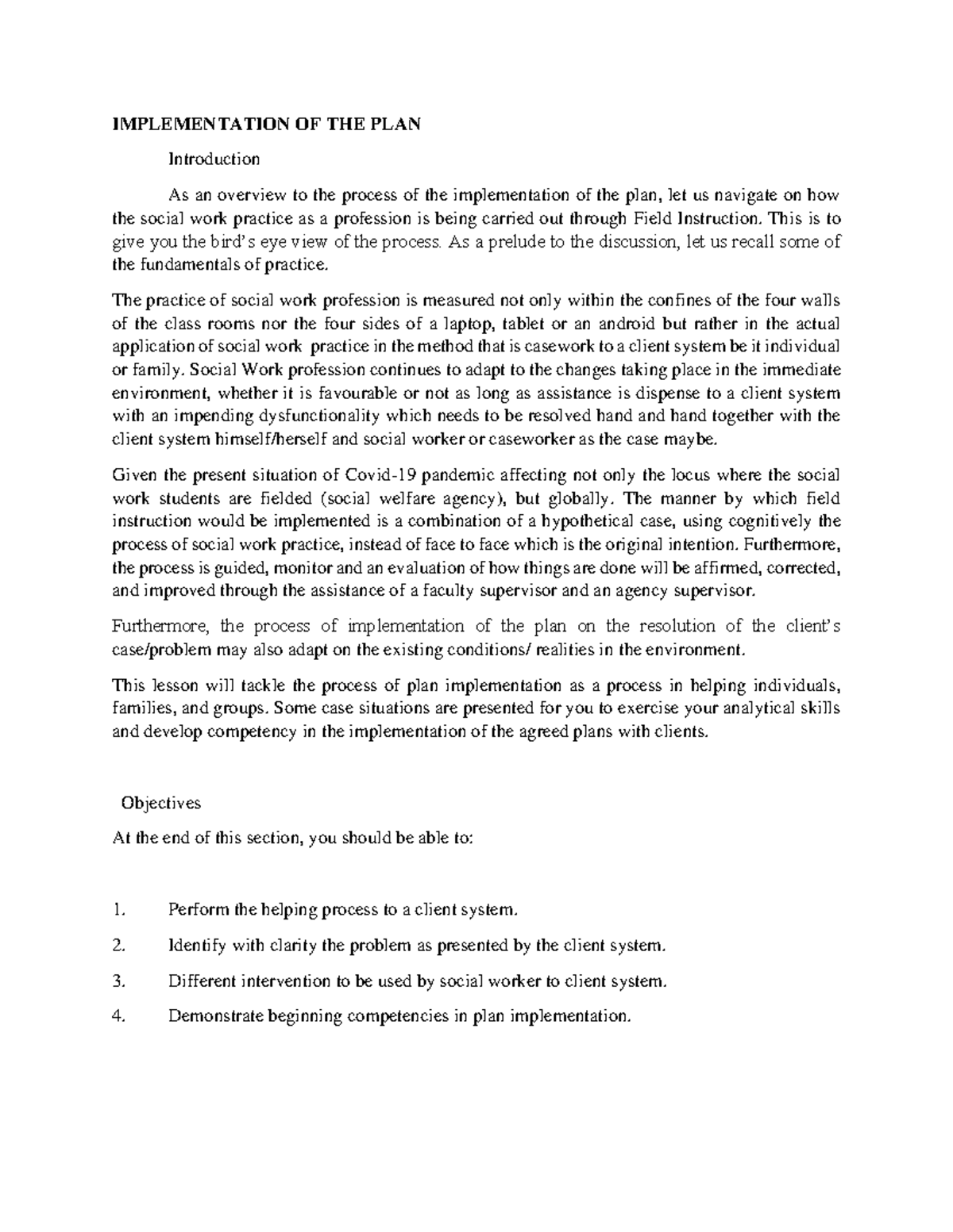 Implementation OF THE PLAN AND Monitoring AND Evaluation ...