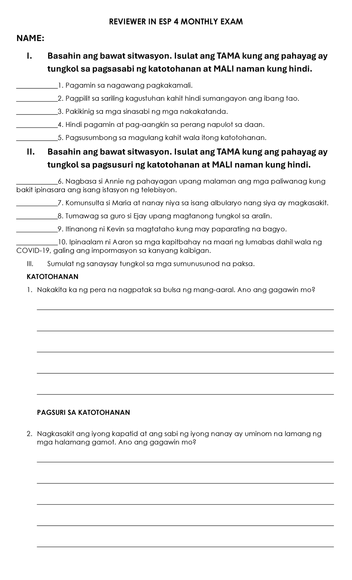 Reviewer IN ESP 4 Monthly EXAM - REVIEWER IN ESP 4 MONTHLY EXAM NAME: I ...