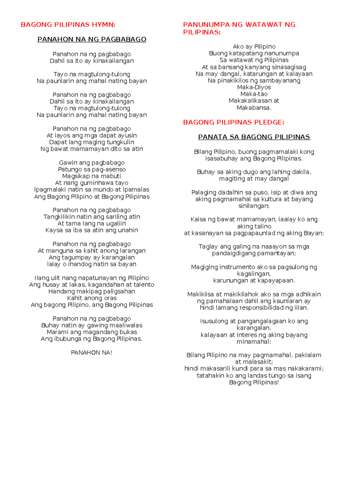 Bagong Pilipinas Pledge AND HYMN - BAGONG PILIPINAS HYMN: PANAHON NA NG PAGBABAGO Panahon na ng ...