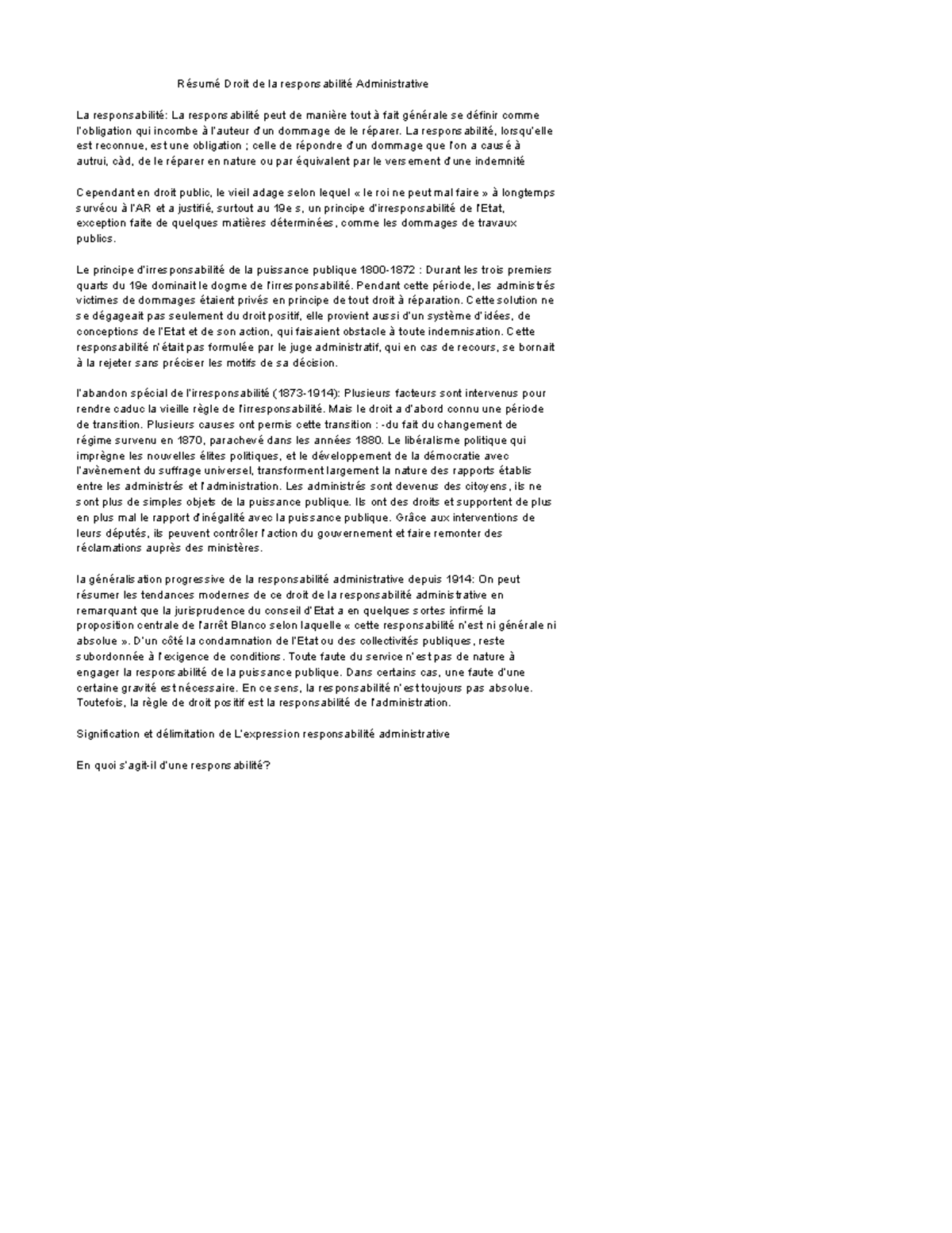 Fiche de révision droit ce la responsabilité administrative - Résumé ...