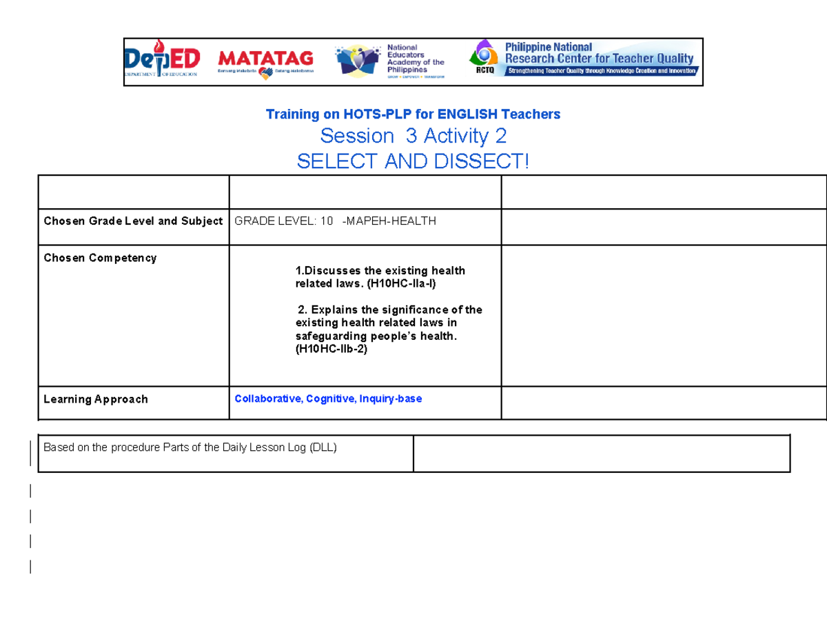 Learning approach sample - Training on HOTS-PLP for ENGLISH Teachers ...