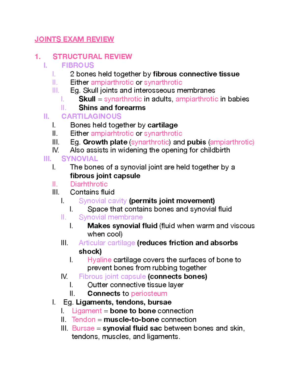 Joints review - JOINTS EXAM REVIEW 1. STRUCTURAL REVIEW I. FIBROUS I. 2 ...