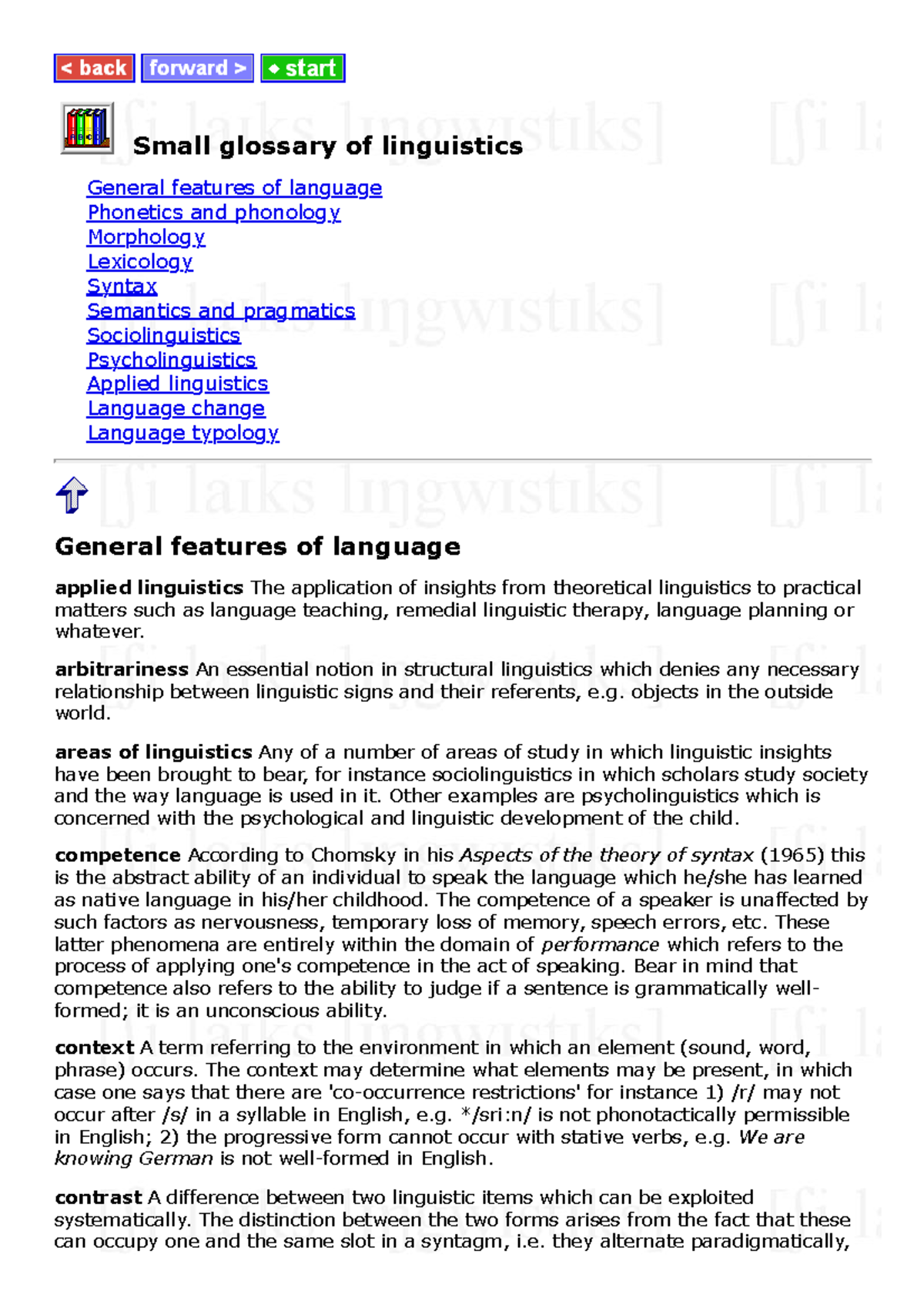 Linguistic glossary - Small glossary of linguistics General features of ...