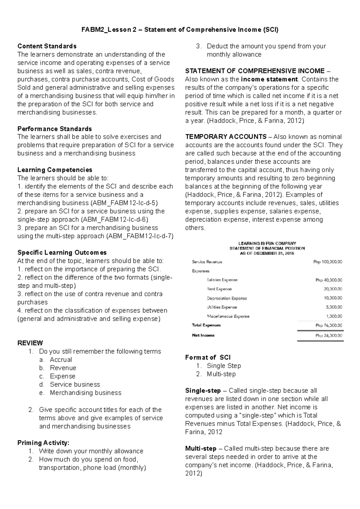 Lesson 2 Statement of Comprehensive Income - FABM2_Lesson 2 – Statement ...