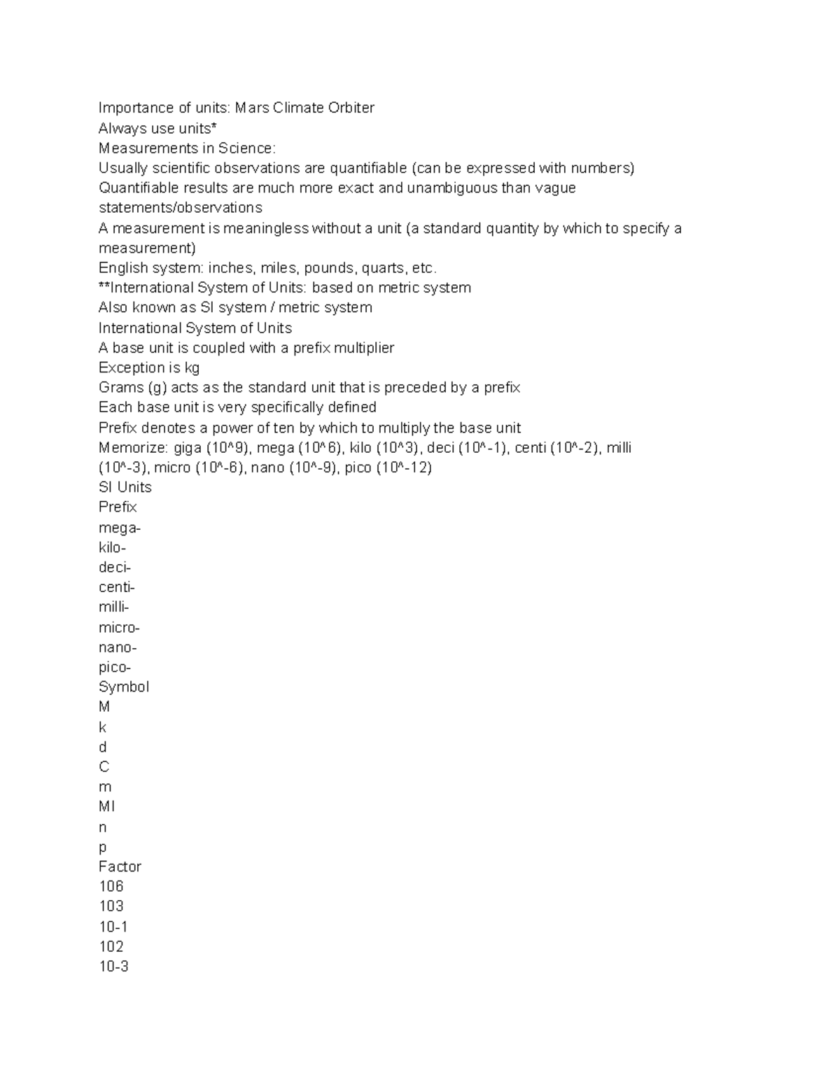 Gen chem chapter 5 notes - Importance of units: Mars Climate Orbiter ...