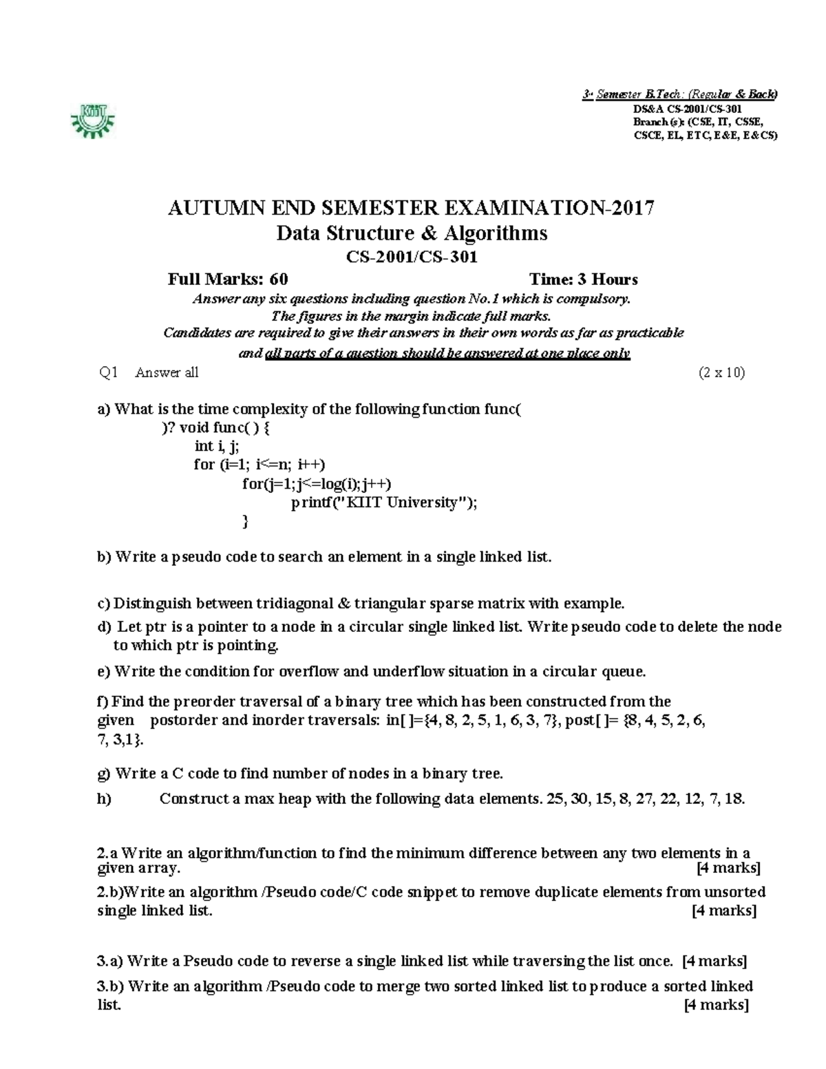 2017 Endsem Regular Question - 3 rd Seme ster B h: (Regular & Back) DS ...