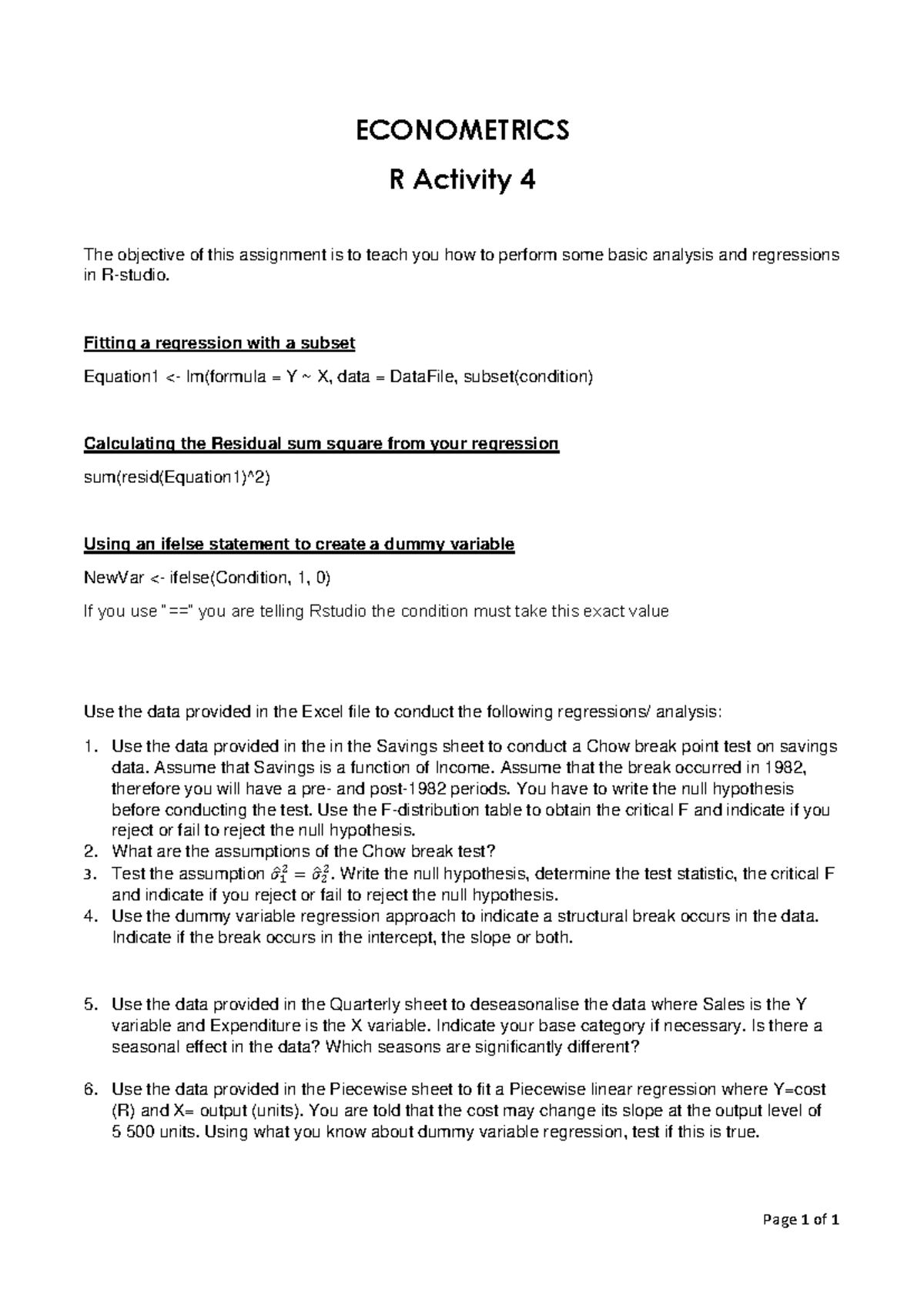 Econometrics R Exercise 4 Page 1 Of 1 Econometrics R Activity 4 The Objective Of This
