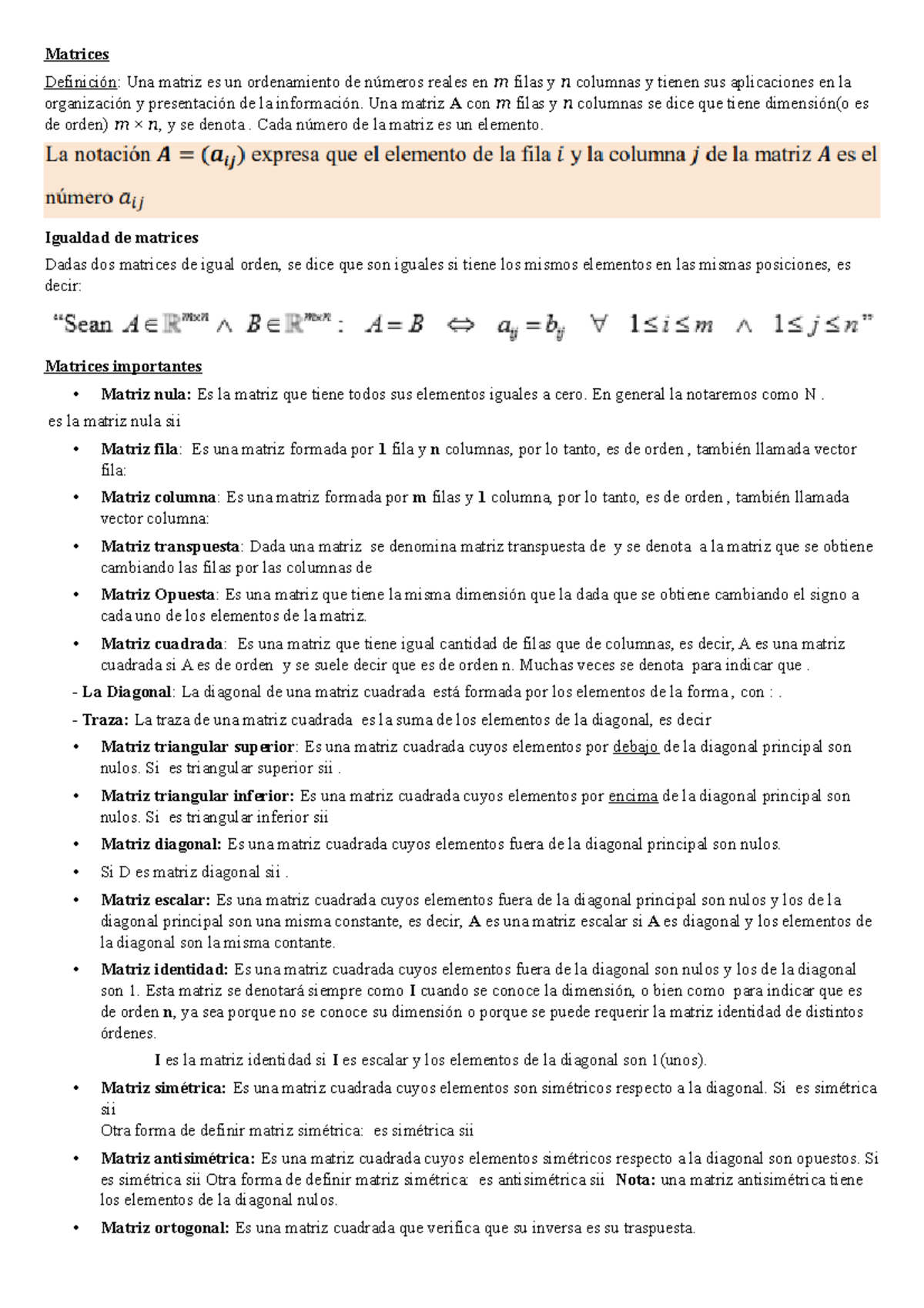 Resumenmatrices - RESUMEN DE MATRICES. - Matrices Definición: Una ...