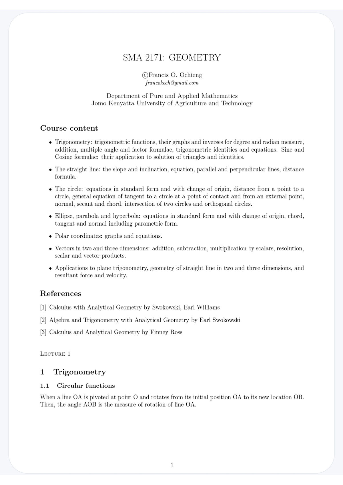 Applied geometry - SMA 2171: GEOMETRY Francis O. Ochieng Department of ...