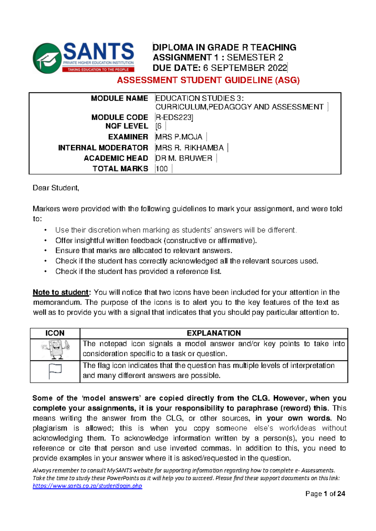 ASSIGNMENT 1 REDS - Always remember to consult MySANTS website for ...