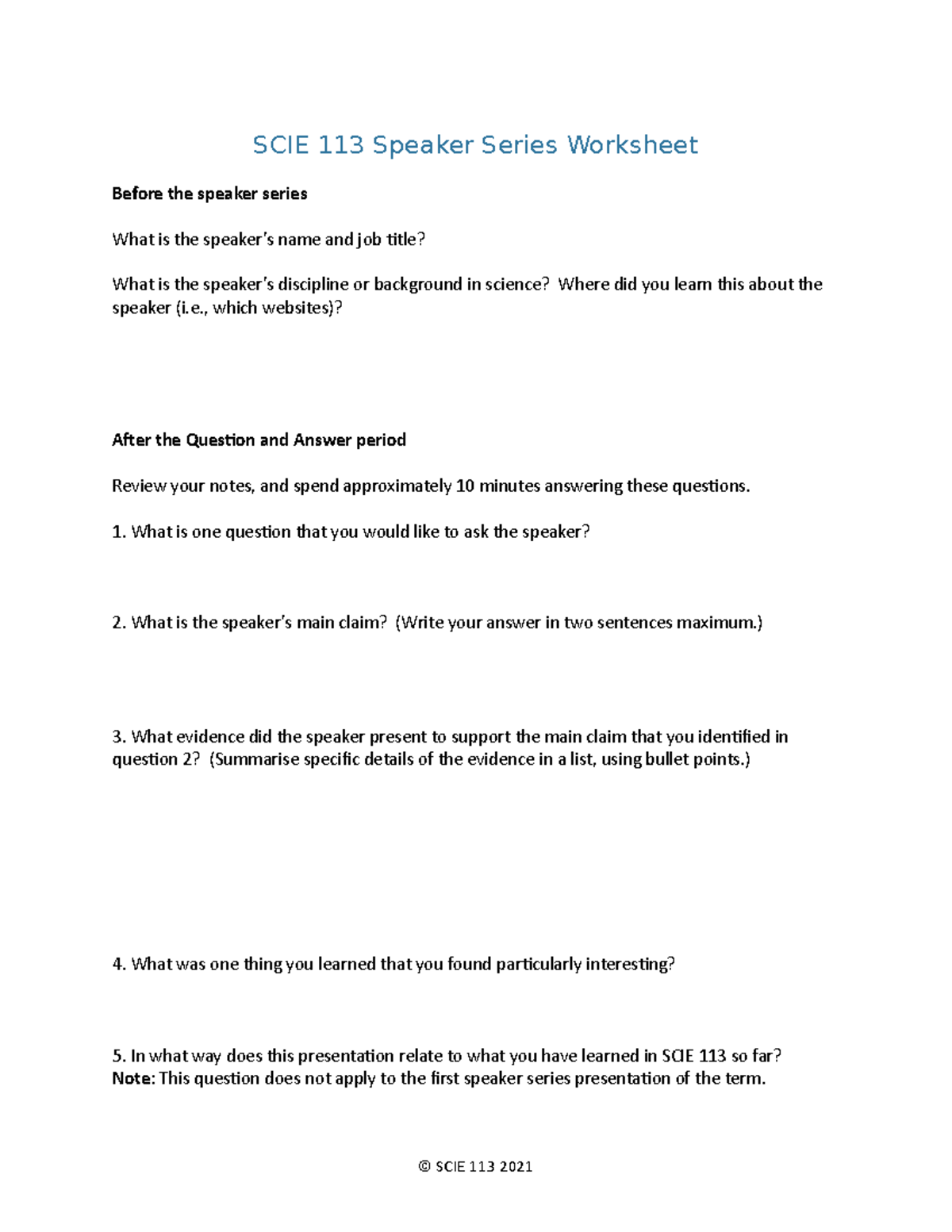 Worksheet Speaker Series 2020W2 - SCIE 113 Speaker Series Worksheet ...