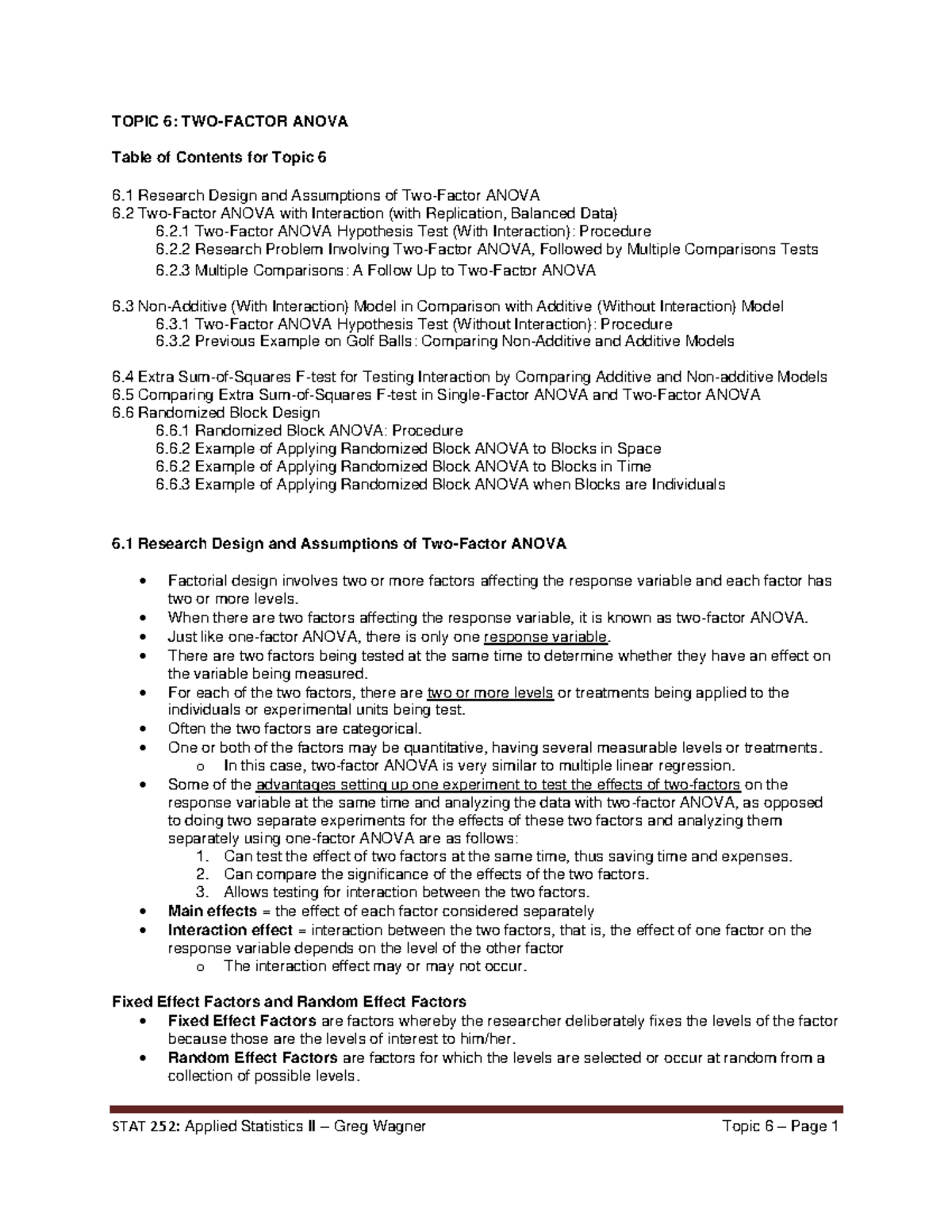 Stat 252 Notes Topic 6 Two Factor Anova Class Notes Topic 6 Two